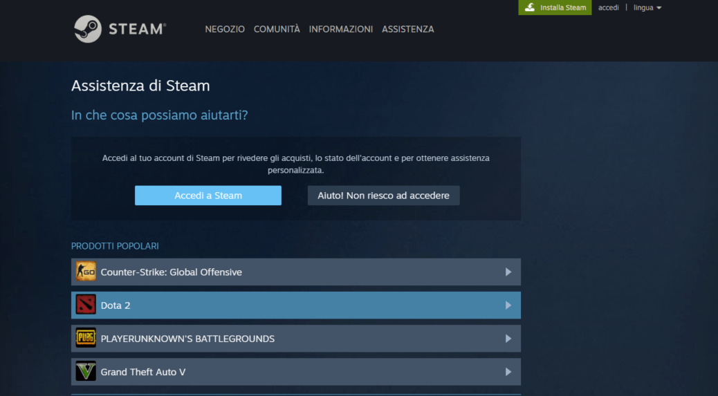 Servizio assistenza e supporto Steam