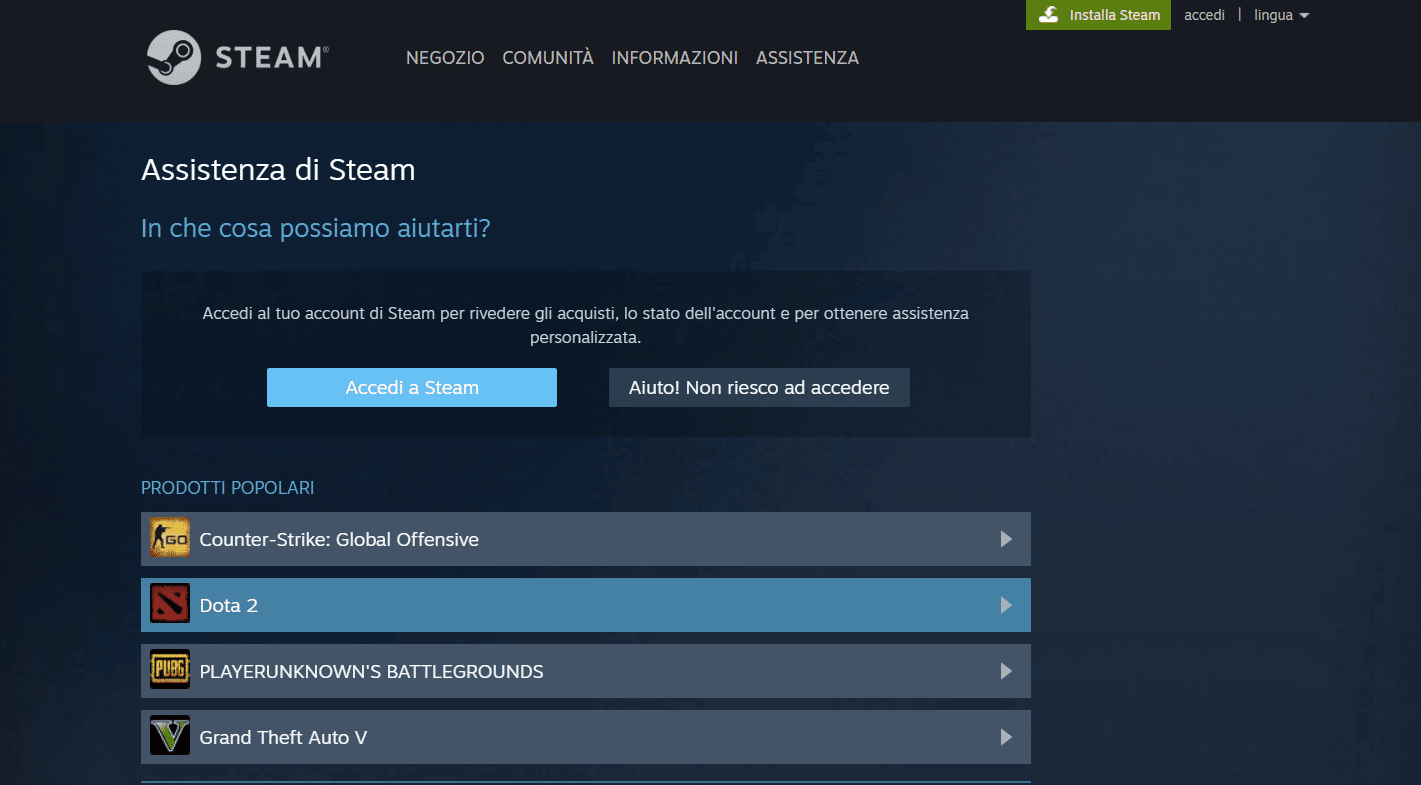 Servizio assistenza e supporto Steam
