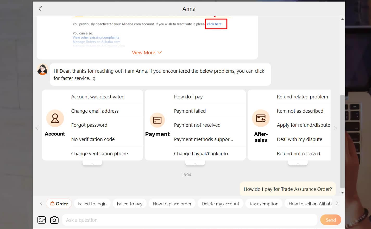 Servizio assistenza clienti Alibaba