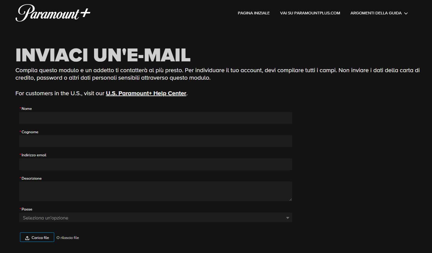 Servizio assistenza clienti Paramount+